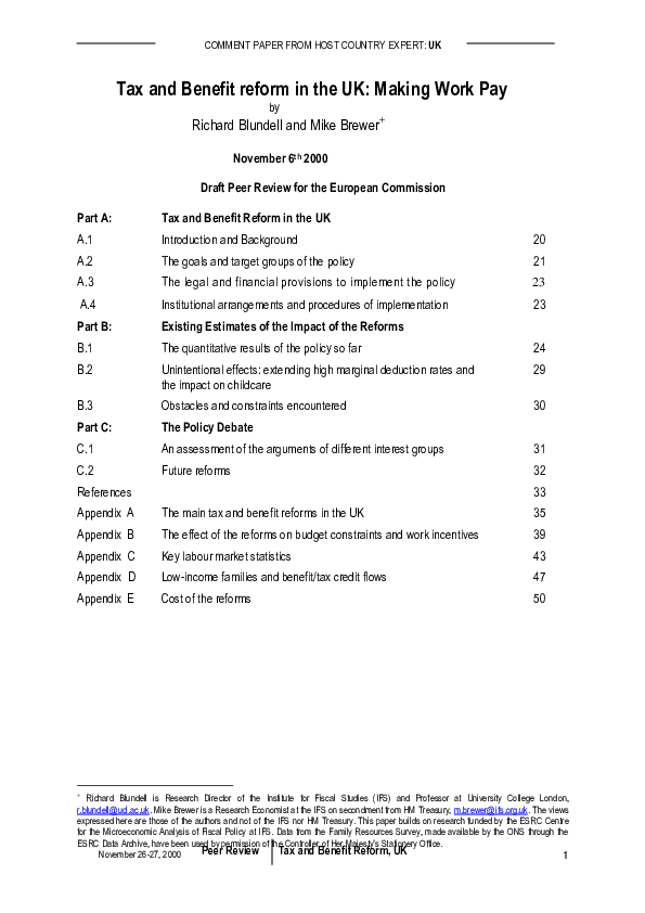 (PDF) Tax and Benefit Reform in the UK: making work pay