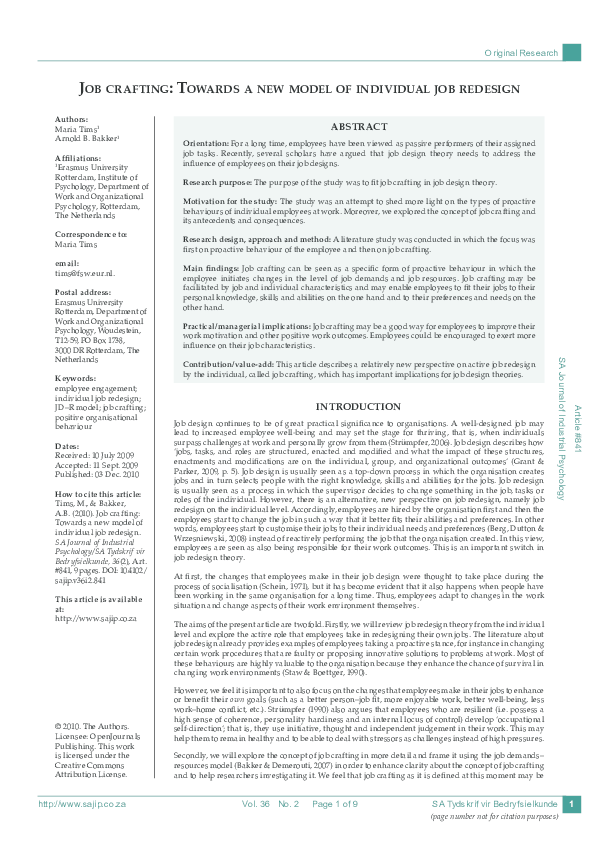 (PDF) Job crafting: Towards a new model of individual job redesign