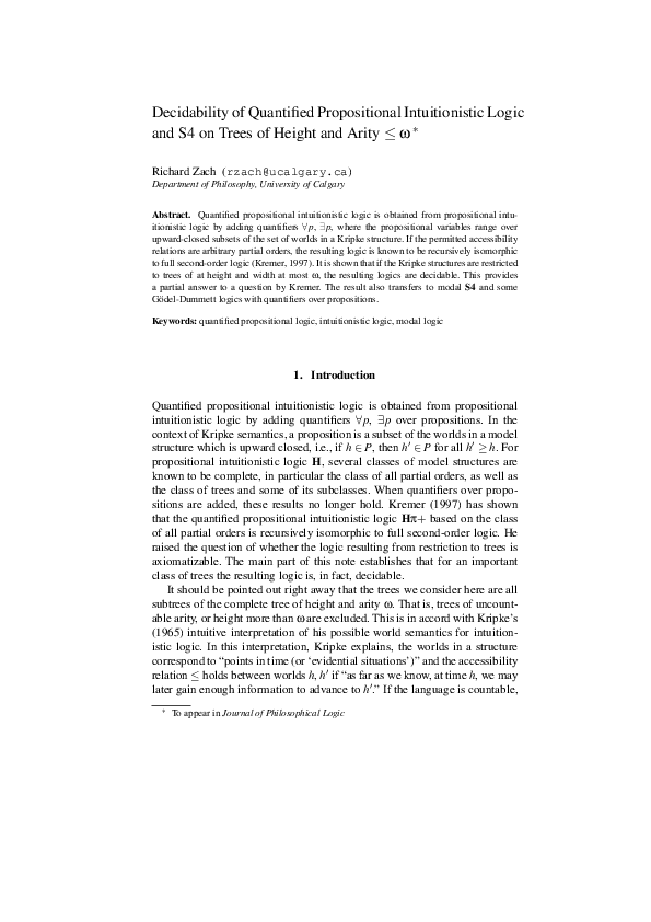 (PDF) Decidability of quantified propositional intuitionistic logic and S4 on trees of height ...