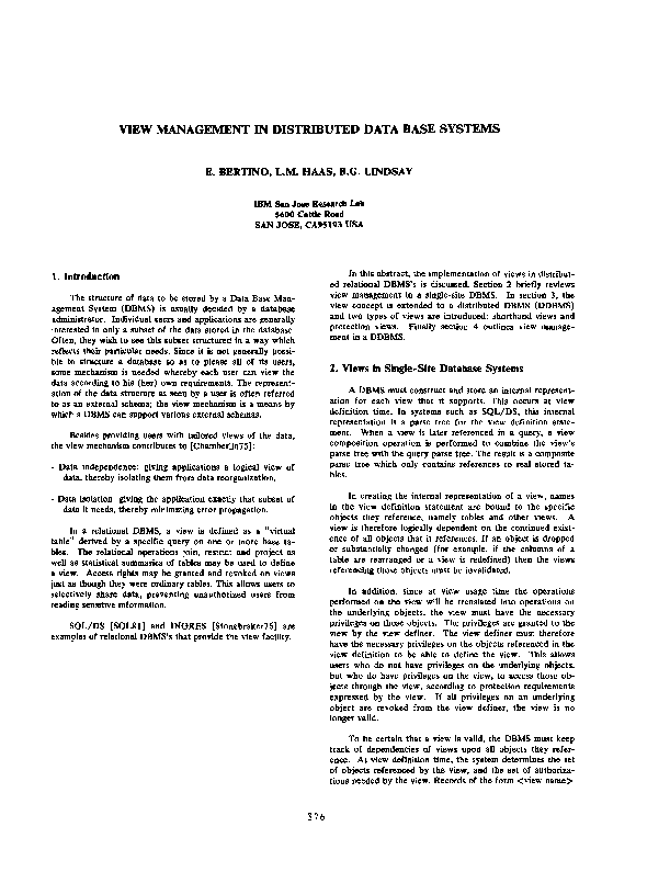 (PDF) View management in distributed data base systems