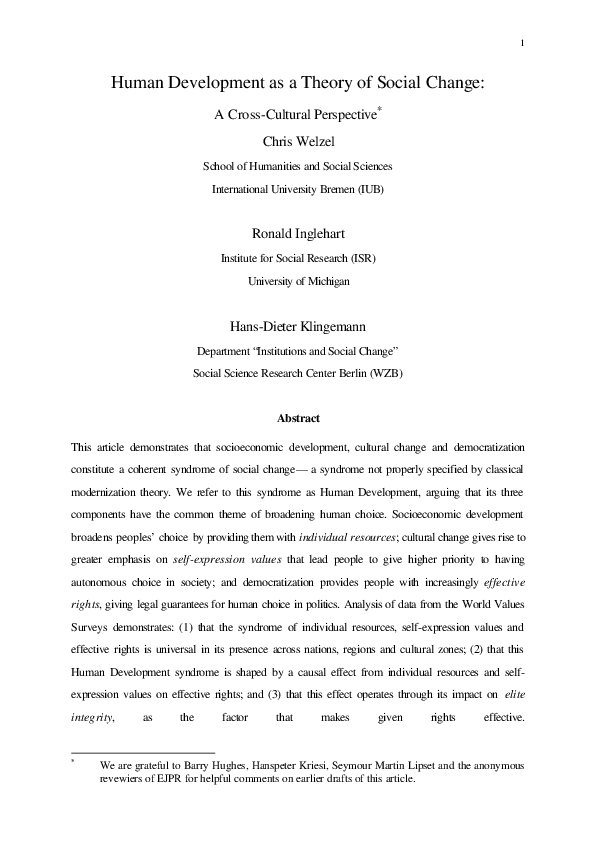 (PDF) Human development as a theory of social change: A cross-cultural ...