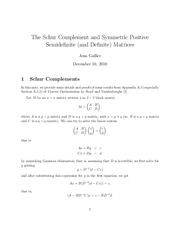 Pdf The Schur Complement And Symmetric Positive Semidenite And Denite Matrices Jean