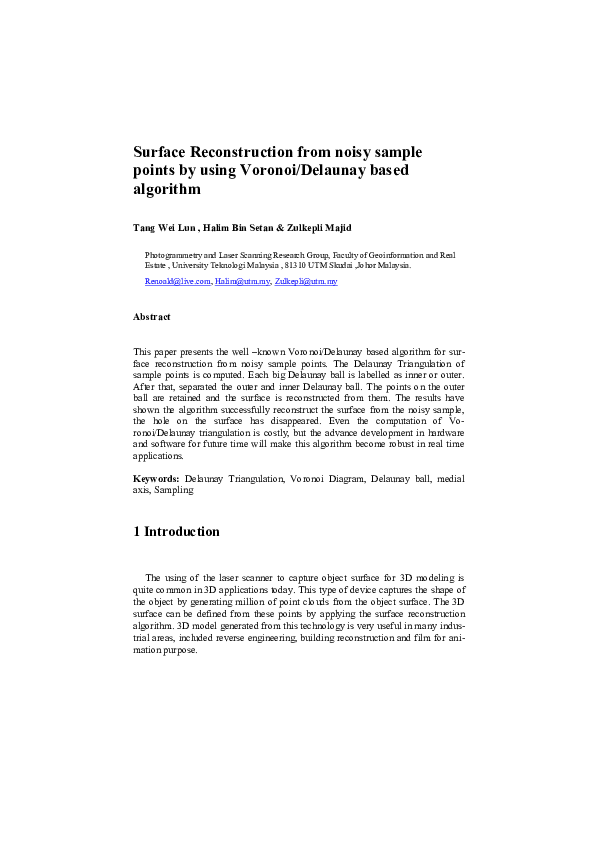 (PDF) Surface Reconstruction from Noisy sample points by using Voronoi/Delaunay based algorithm