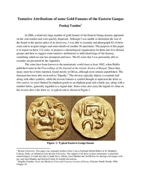 (PDF) Tentative Attributions of some Gold Fanams of the Eastern Gangas