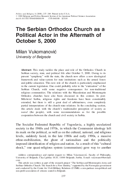 (PDF) Serbian Orthodox Church as a Political Actor in the Aftermath of ...