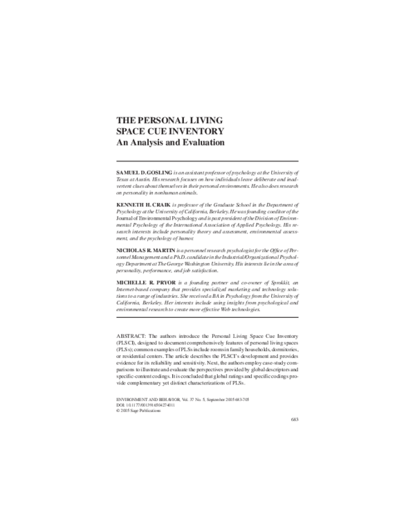 (PDF) THE PERSONAL LIVING SPACE CUE INVENTORY An Analysis