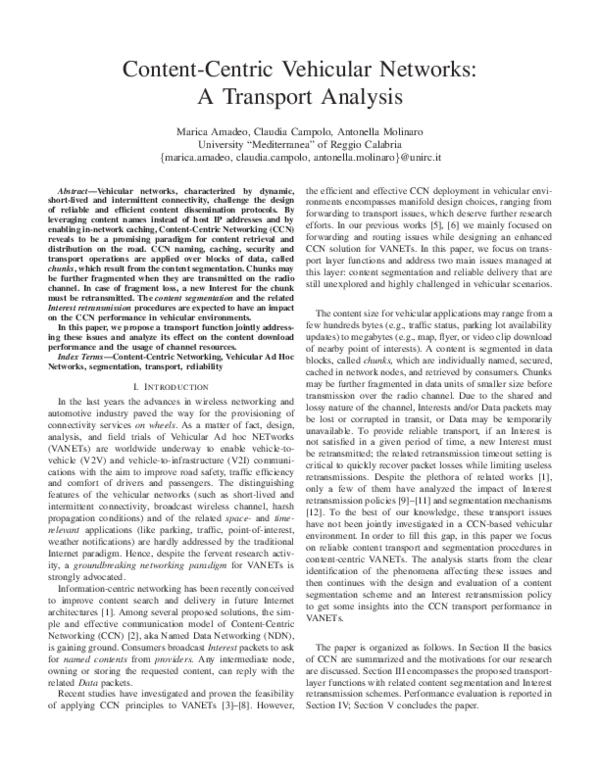 (PDF) Content-Centric Vehicular Networks: Segmentation and Transport Issues