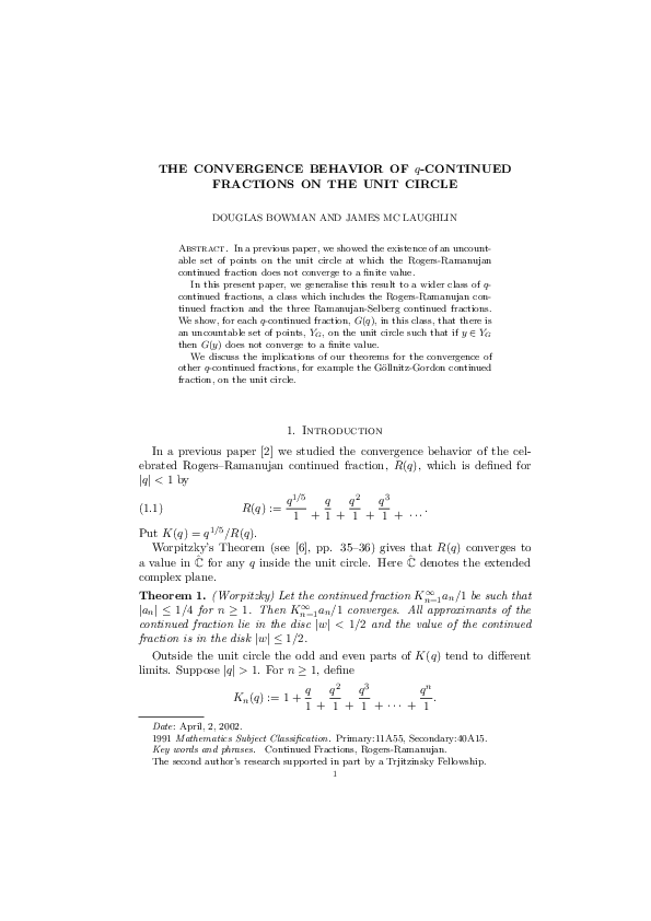Pdf The Convergence Behavior Of Q Continued Fractions On The Unit
