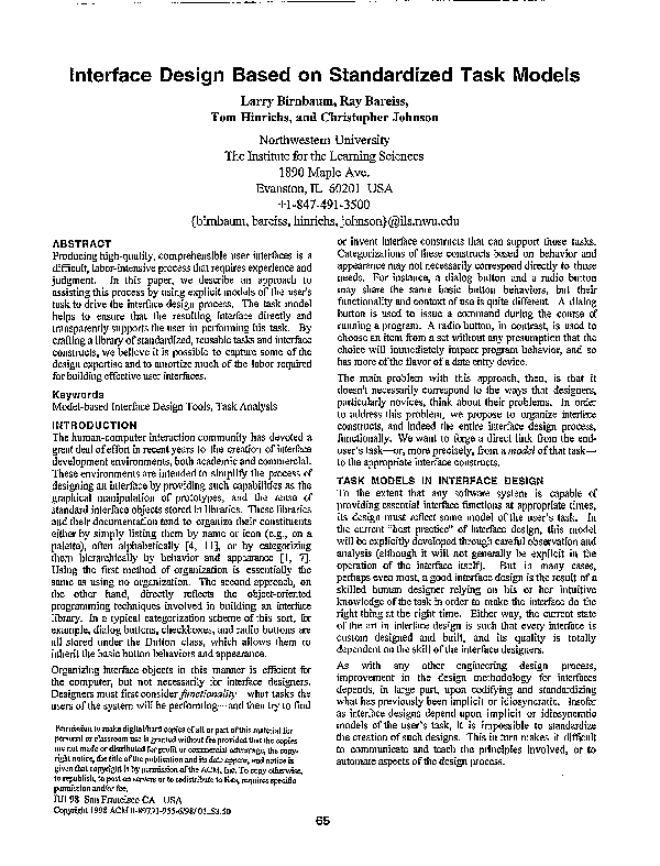 (PDF) Interface Design Based on Standardized Task Models