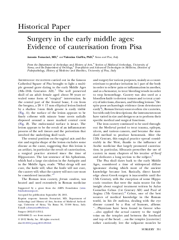 (PDF) Surgery in the early middle ages: Evidence of cauterization from Pisa