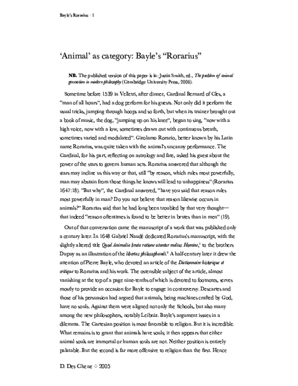 (PDF) Animal as category: Bayle’s “Rorarius”
