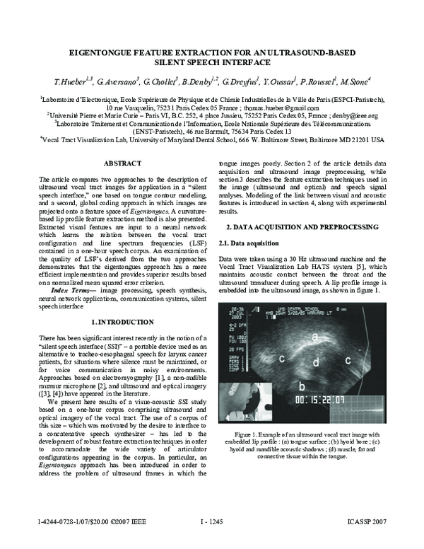 Pdf Eigentongue Feature Extraction For An Ultrasound Based Silent Speech Interface