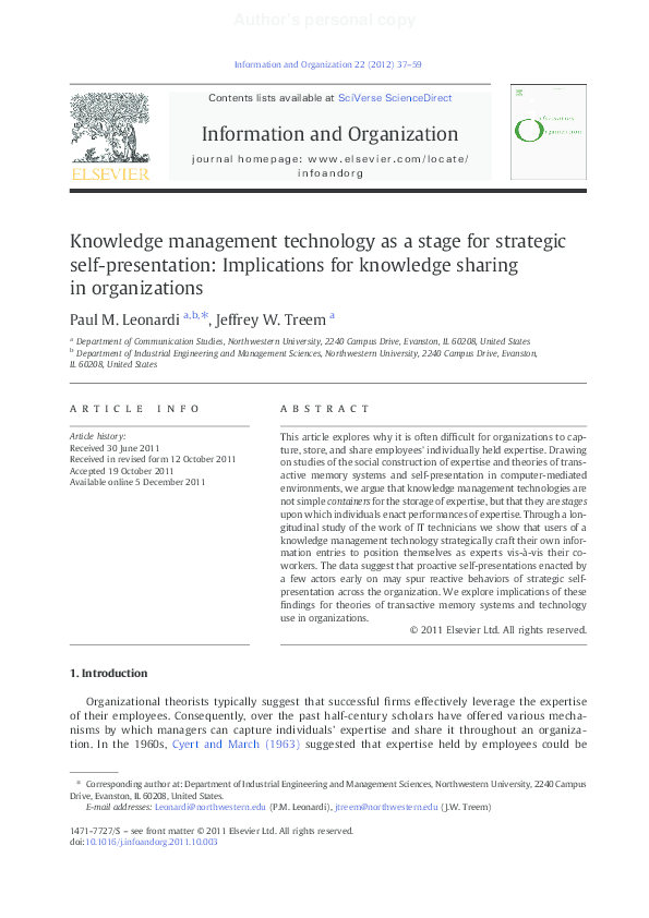 (PDF) Knowledge management technology as a stage for strategic self-presentation: Implications ...