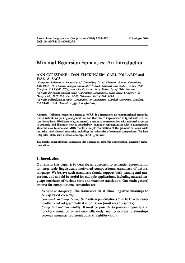 (PDF) Minimal recursion semantics: An introduction