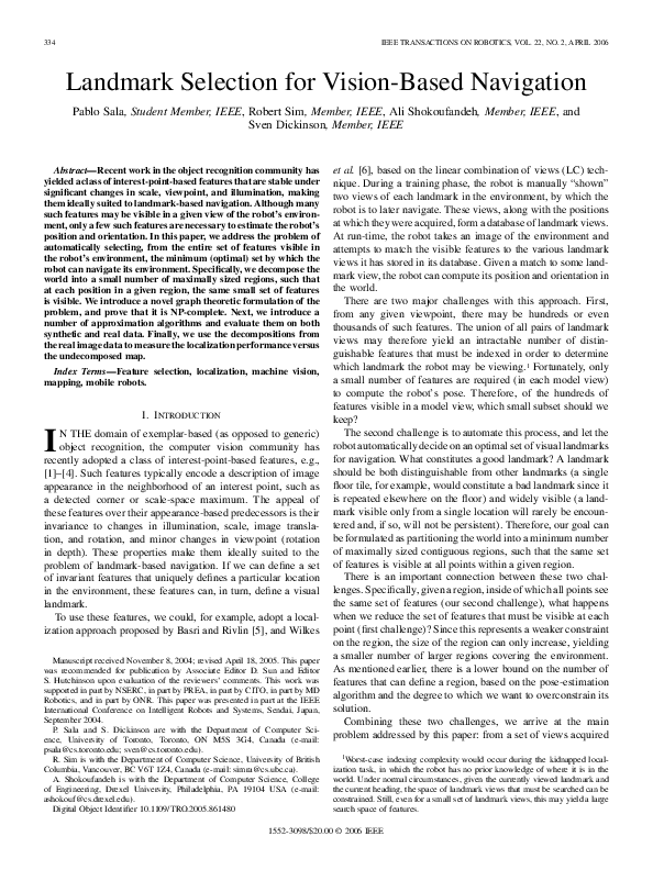 (PDF) Landmark selection for vision-based navigation