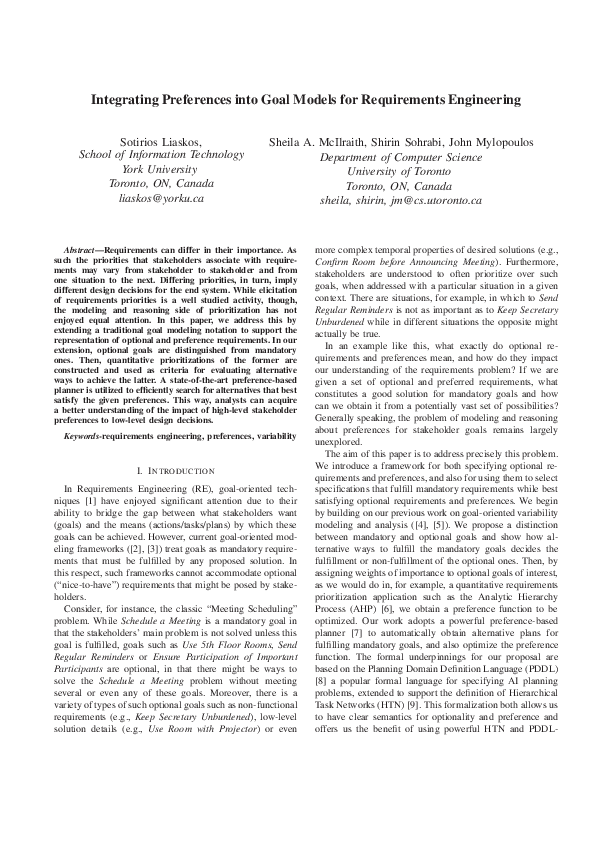 (PDF) Integrating preferences into goal models for requirements engineering
