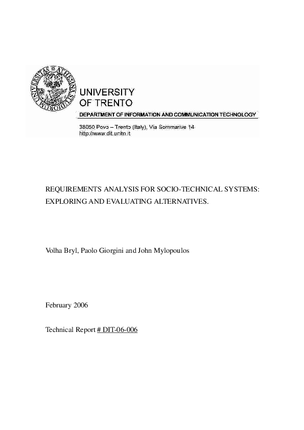 (PDF) Requirements analysis for socio-technical systems: Exploring and evaluating alternatives