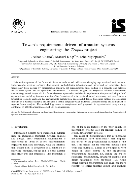 (PDF) Towards requirements-driven information systems engineering: the Tropos project