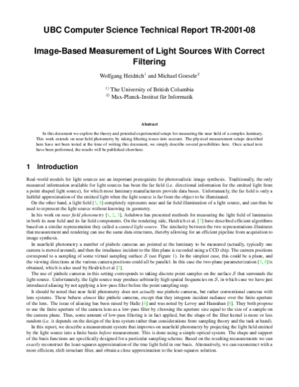 Pdf Ubc Computer Science Technical Report Tr 2001 08 Image Based Measurement Of Light Sources