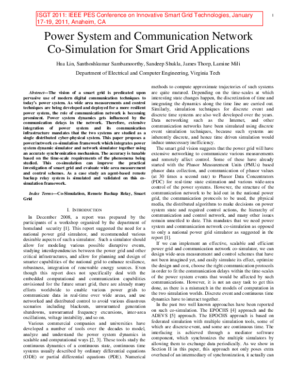 Pdf Power System And Communication Network Co Simulation For Smart Grid Applications