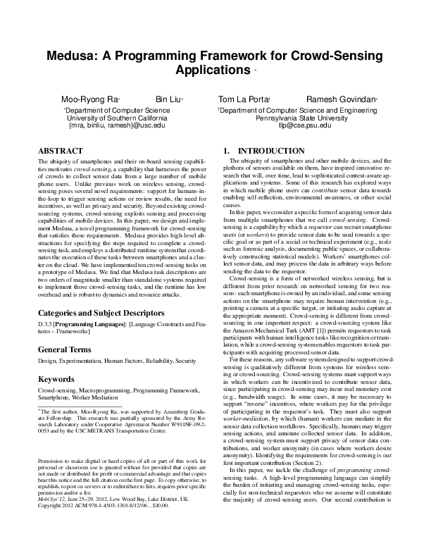 (PDF) Medusa: A programming framework for crowd-sensing applications