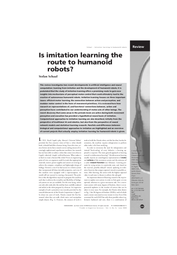(PDF) Is imitation learning the route to humanoid robots?