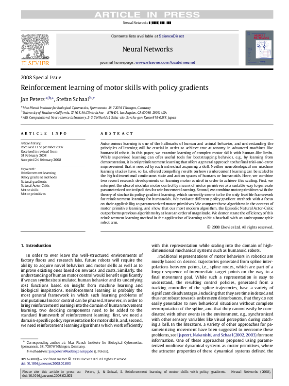 (PDF) Reinforcement learning of motor skills with policy gradients