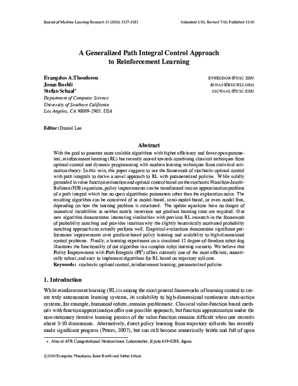 Pdf A Generalized Path Integral Control Approach To Reinforcement