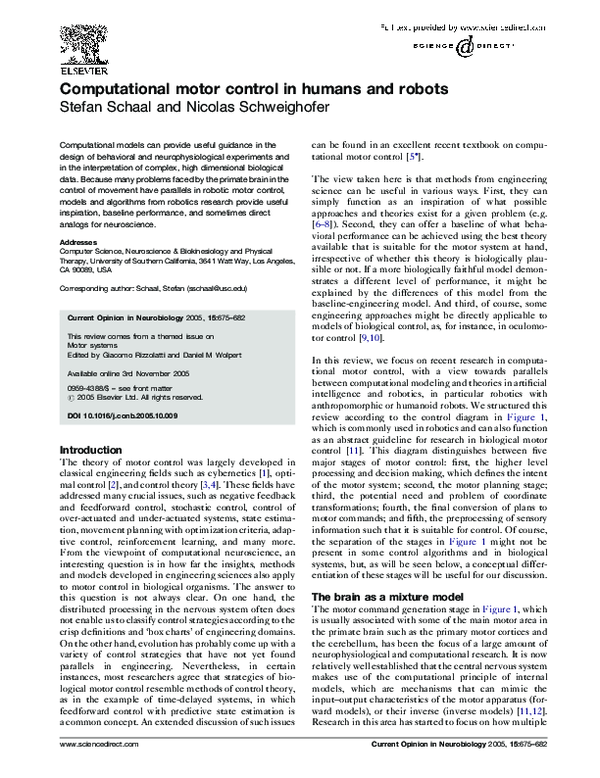 Pdf Computational Motor Control In Humans And Robots
