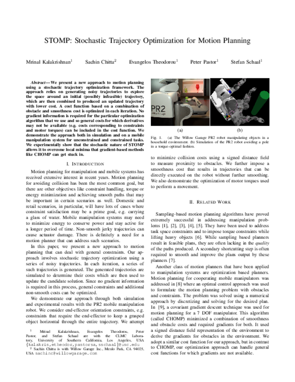 Pdf Stomp Stochastic Trajectory Optimization For Motion Planning