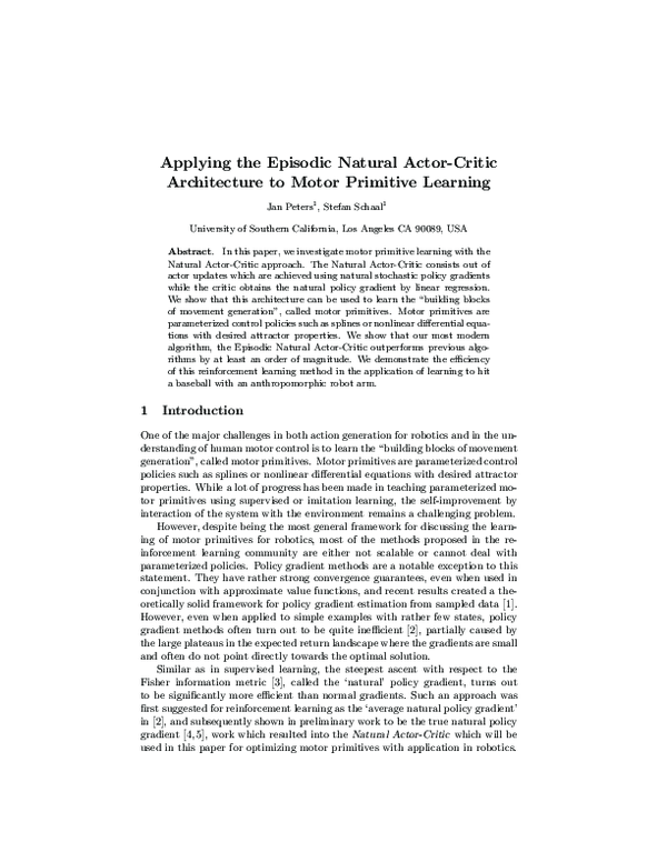 (PDF) Applying the episodic natural actor-critic architecture to motor primitive learning