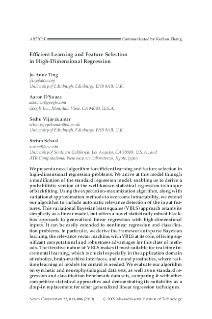 Pdf Efficient Learning And Feature Selection In High Dimensional Regression 