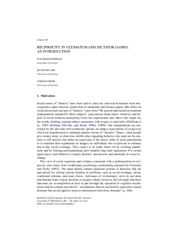 (PDF) Reciprocity in Ultimatum and Dictator Games: An Introduction