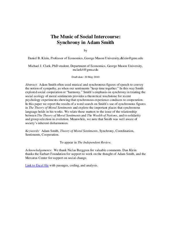Pdf The Music Of Social Intercourse Synchrony In Adam Smith