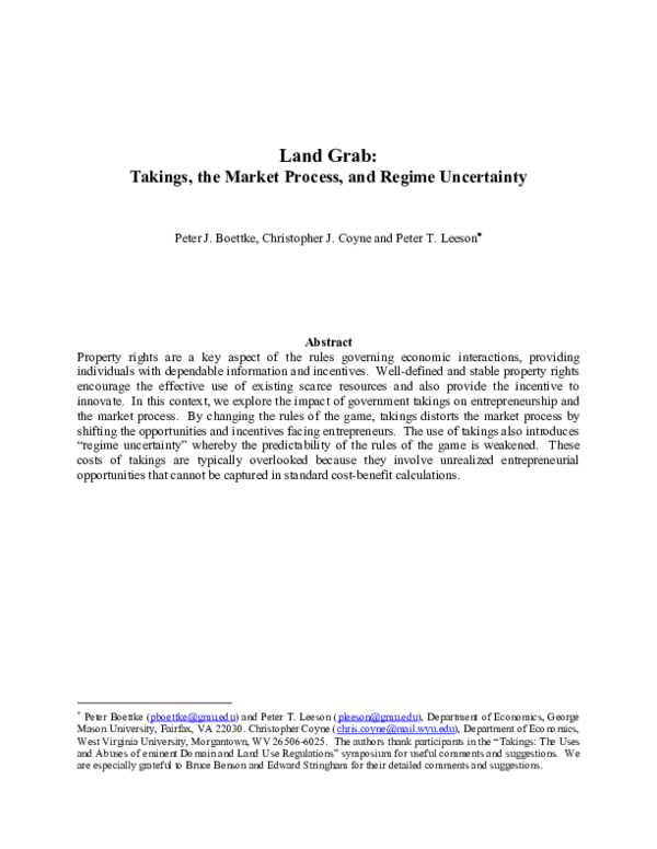 (PDF) Land Grab: Takings, the market process, and regime uncertainty