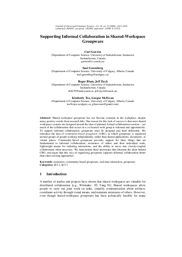 (PDF) Supporting informal collaboration in shared-workspace groupware