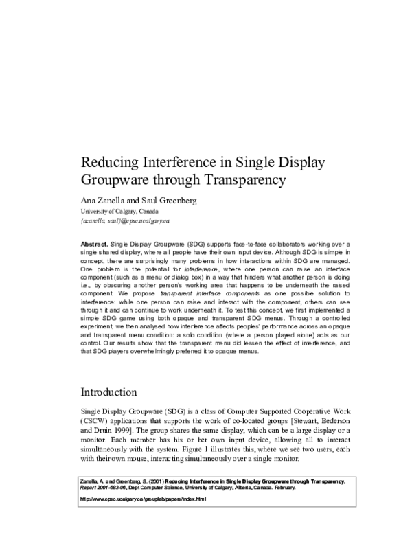 Pdf Reducing Interference In Single Display Groupware Through Transparency