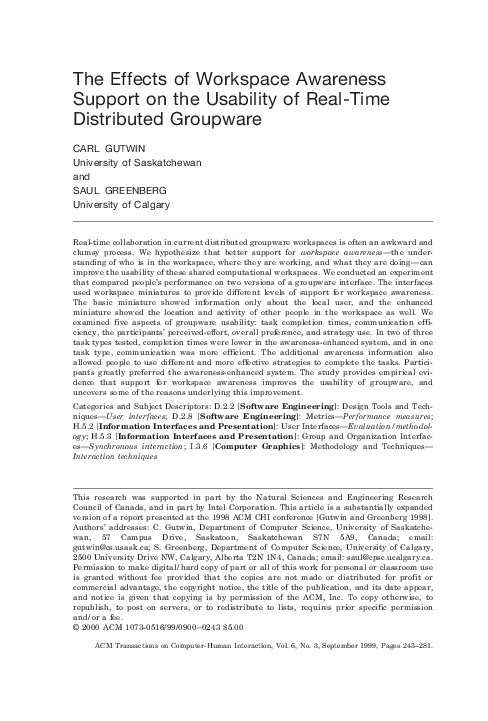 Pdf The Effects Of Workspace Awareness Support On The Usability Of Real Time Distributed Groupware