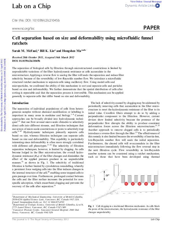 (PDF) Cell separation based on size and deformability using microfluidic funnel ratchets