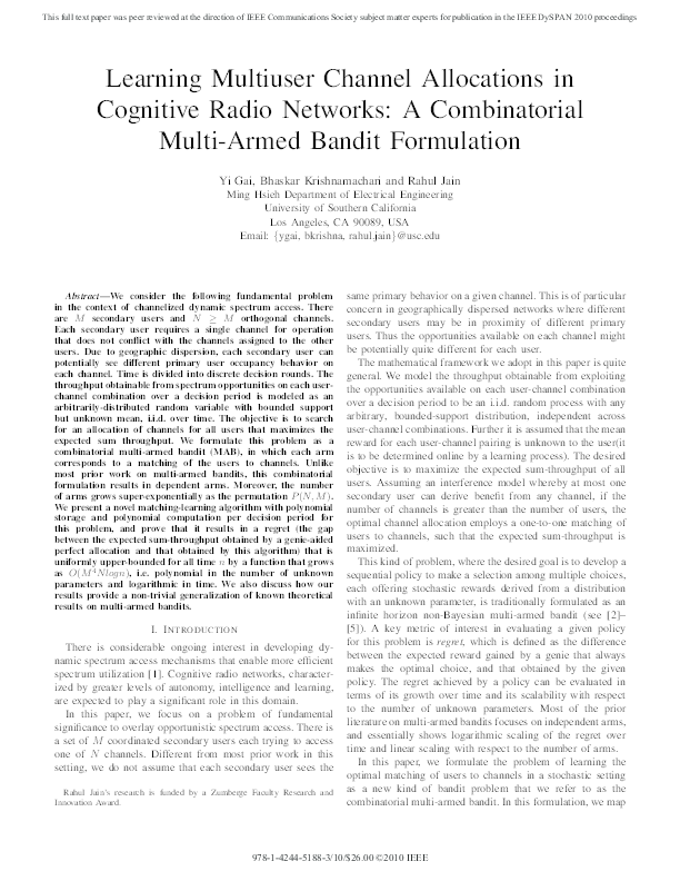 (PDF) Learning multiuser channel allocations in cognitive radio networks: a combinatorial multi ...