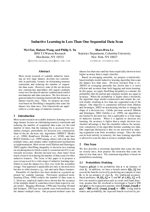 (PDF) Inductive learning in less than one sequential data scan