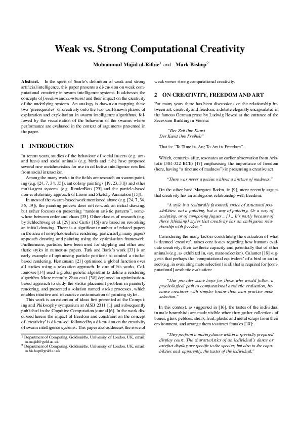 (PDF) Weak vs. Strong Computational Creativity