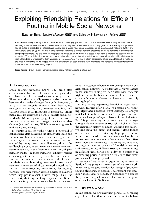 (PDF) Exploiting Friendship Relations for Efficient Routing in Mobile Social Networks