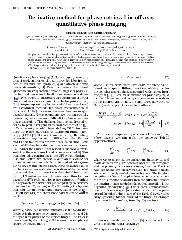 (PDF) Derivative method for phase retrieval in off-axis quantitative phase imaging