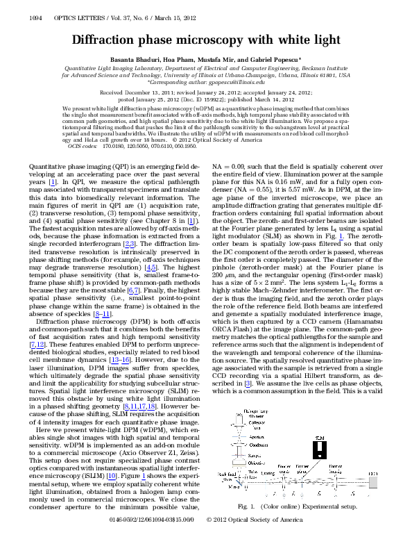 (PDF) Diffraction phase microscopy with white light | Basanta Bhaduri ...