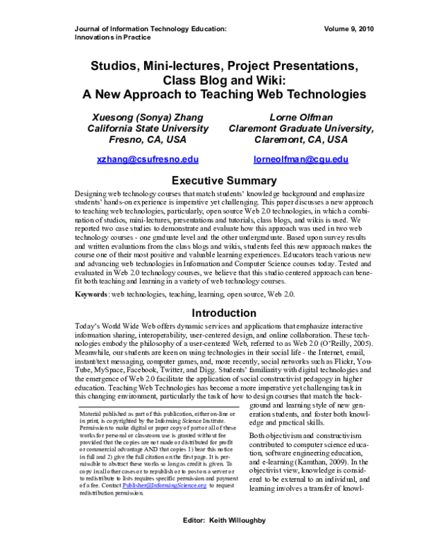 (PDF) Studios, mini-lectures, project presentations, class blog and ...