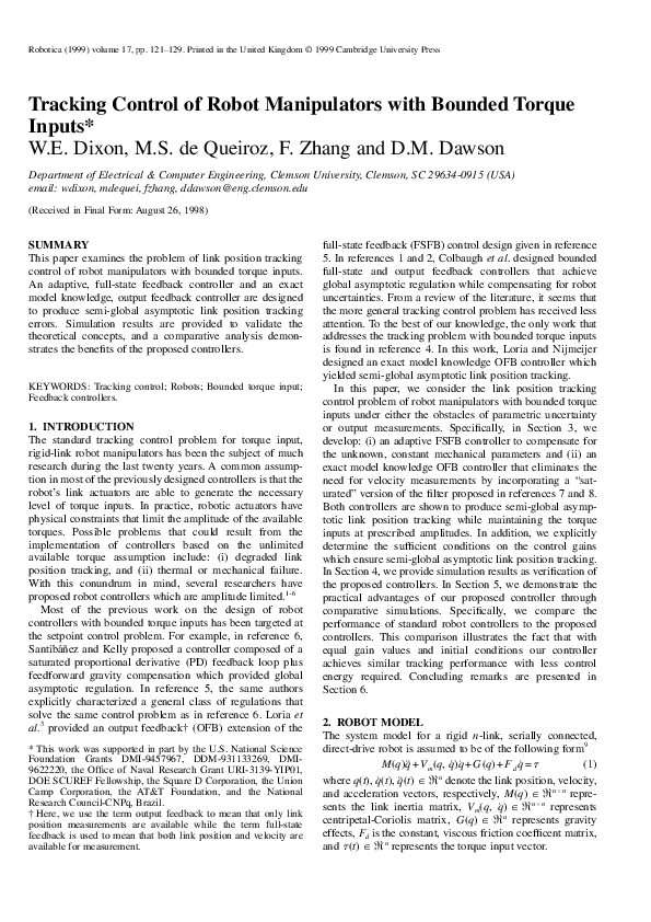(PDF) Tracking control of robot manipulators with bounded torque inputs
