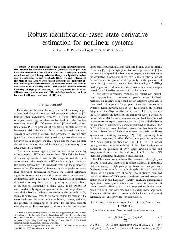 (PDF) Robust identification-based state derivative estimation for nonlinear systems