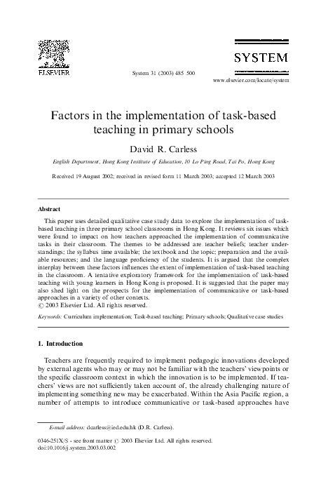 (PDF) Factors in the implementation of task-based teaching in primary ...