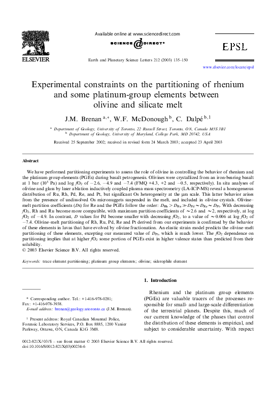 (PDF) Experimental constraints on the partitioning of rhenium and some platinum-group elements ...